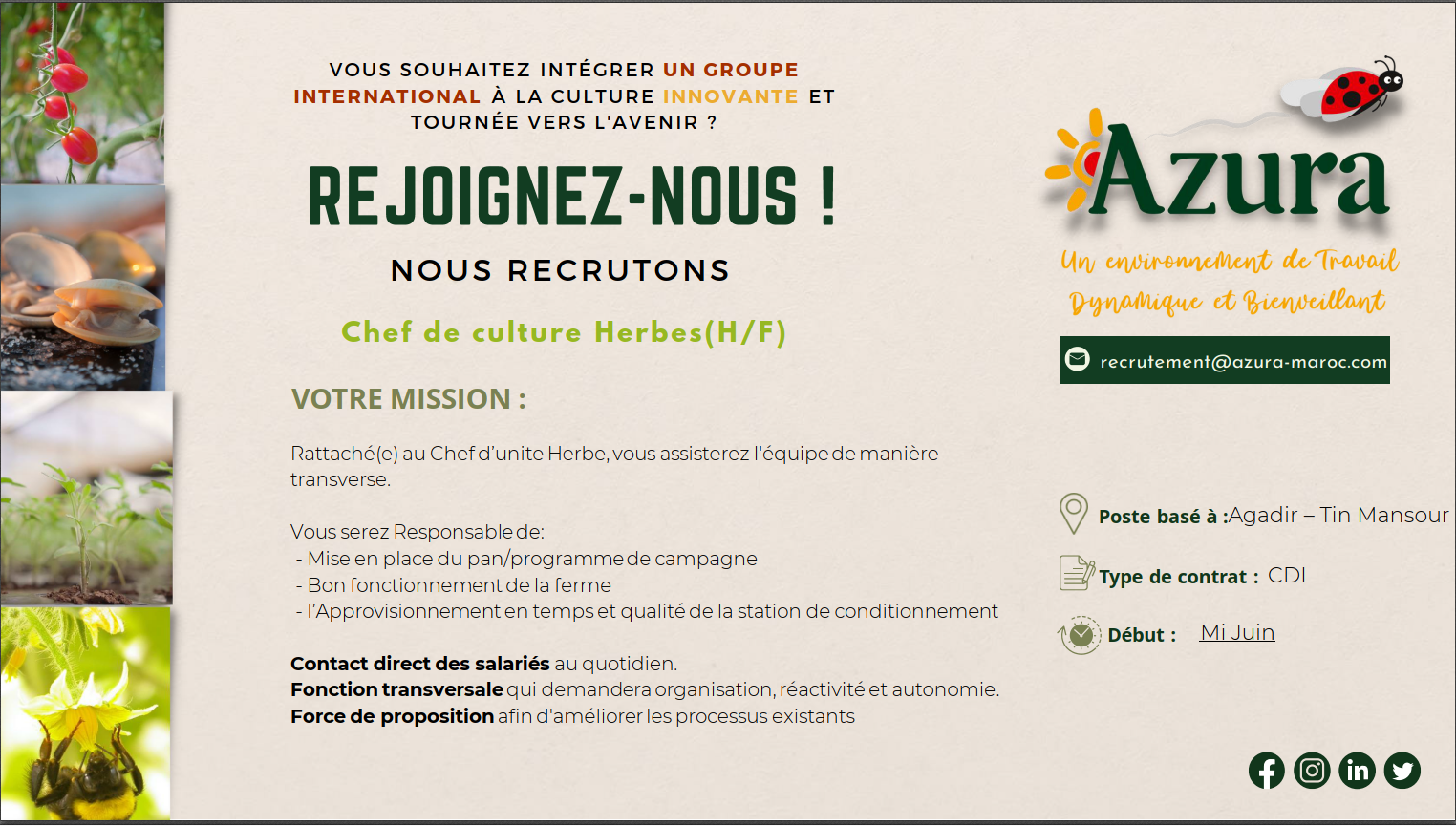 Azura recrute un chef de culture - basé à Agadir – AgriMaroc.ma